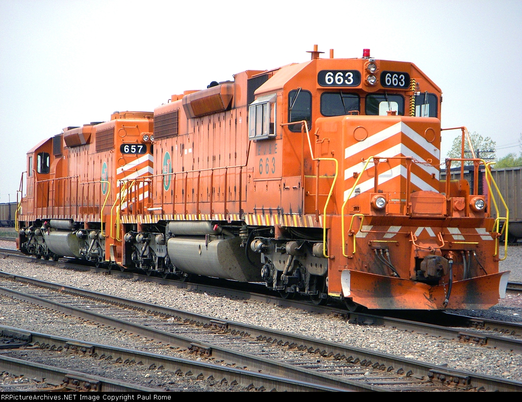 EJ&E 663 - 657, EMD SD38-2, coal train power sitting at the BNSF Eola Yard